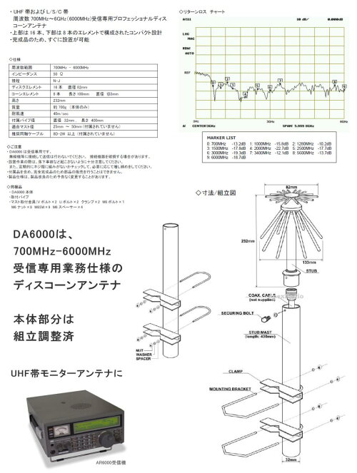 【楽天市場】DA6000 ディスコーンアンテナ エーオーアール (AOR) (DA6000) 700MHz-6000MHz受信専用：アペックスラジオ