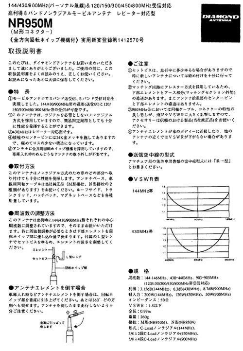 【楽天市場】第一電波 NR950M 144/430/900M帯 ＆エアバンド他、広帯域受信用 モービルアンテナ (NR-950M) アマチュア無線 【沖縄県送料別】：アペックスラジオ