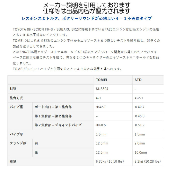 TOMEI エキマニ 等長タイプ [86(ハチロク) ZN6 FA20] トーメイパワード エキゾーストマニホールド 送料無料(沖縄・離島・代引除く)