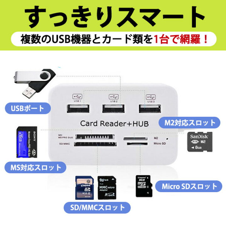 マルチカードリーダー 多機能 カードリーダー USB2.0 SDカード マイクロSD 高速 小型 HUB MicroSD SD USB 2.0 M2 MS カード 外付け 全日本送料無料