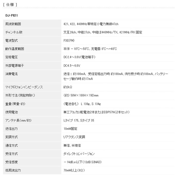 DJ-P921S ショートアンテナ 特定小電力トランシーバー ALINCO アルインコ