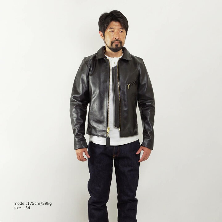 34 VANSON USA製 ENF レザー 襟付き シングル ライダース 黒 - シングルライダース