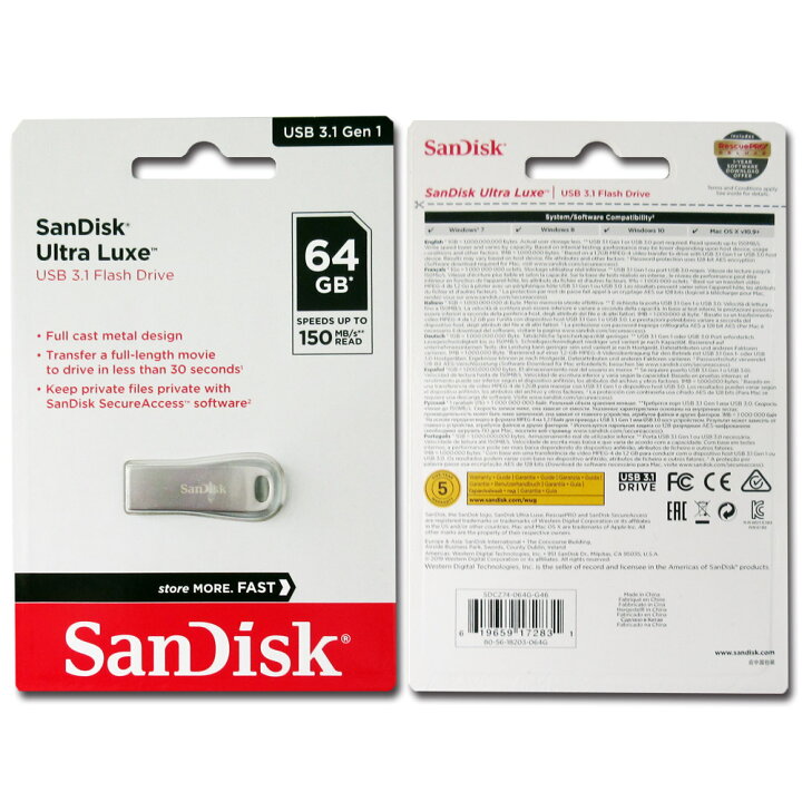 64GB USBメモリ USB3.1 Gen1-A Type-C 両コネクタ搭載 SanDisk サンディスク Ultra Dual Drive Luxe R:150MB s 回転式 海外 ...