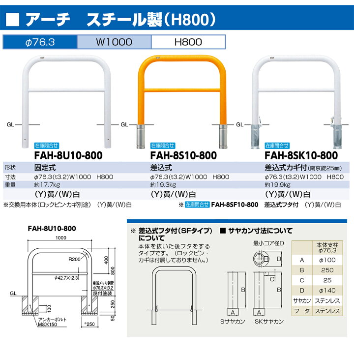 サンポール アーチ ベース式 AA-8B10-800 φ76.3 t3.0 W1000×H800 メーカー再生品