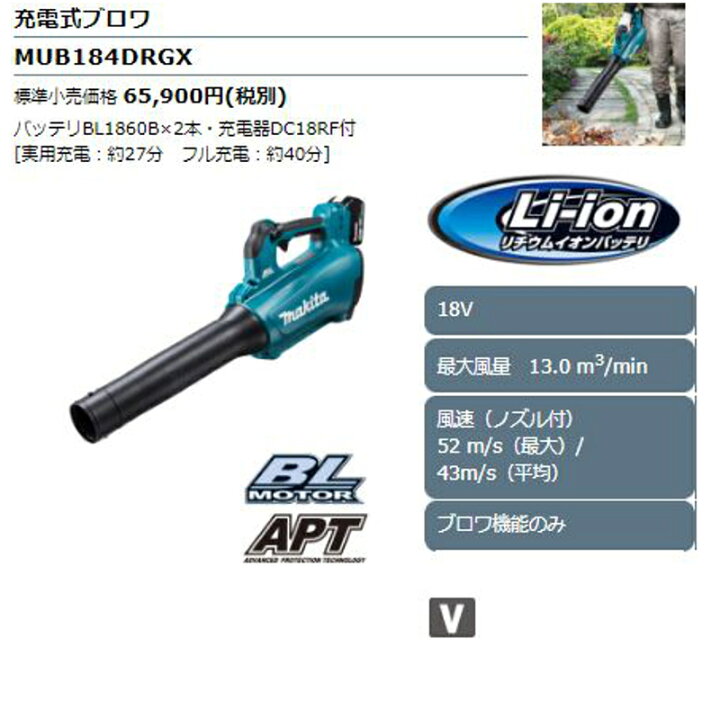 少し豊富な贈り物 マキタ 充電式ブロワ MUB184DRGX 18V バッテリBL1860B×2本 充電器DC18RF付 ...