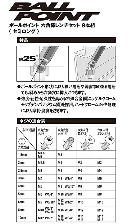 SK11ボールポイント六角棒レンチセットミリサイズ9本組傾斜角度約25度セミロングSLBW09SL メーカー直送