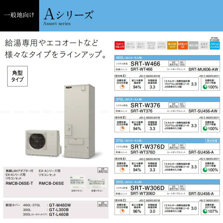 SRT-W376 RMCB-D6SE Aシリーズ エコキュート フルオートW追いだき タンク容量 三菱